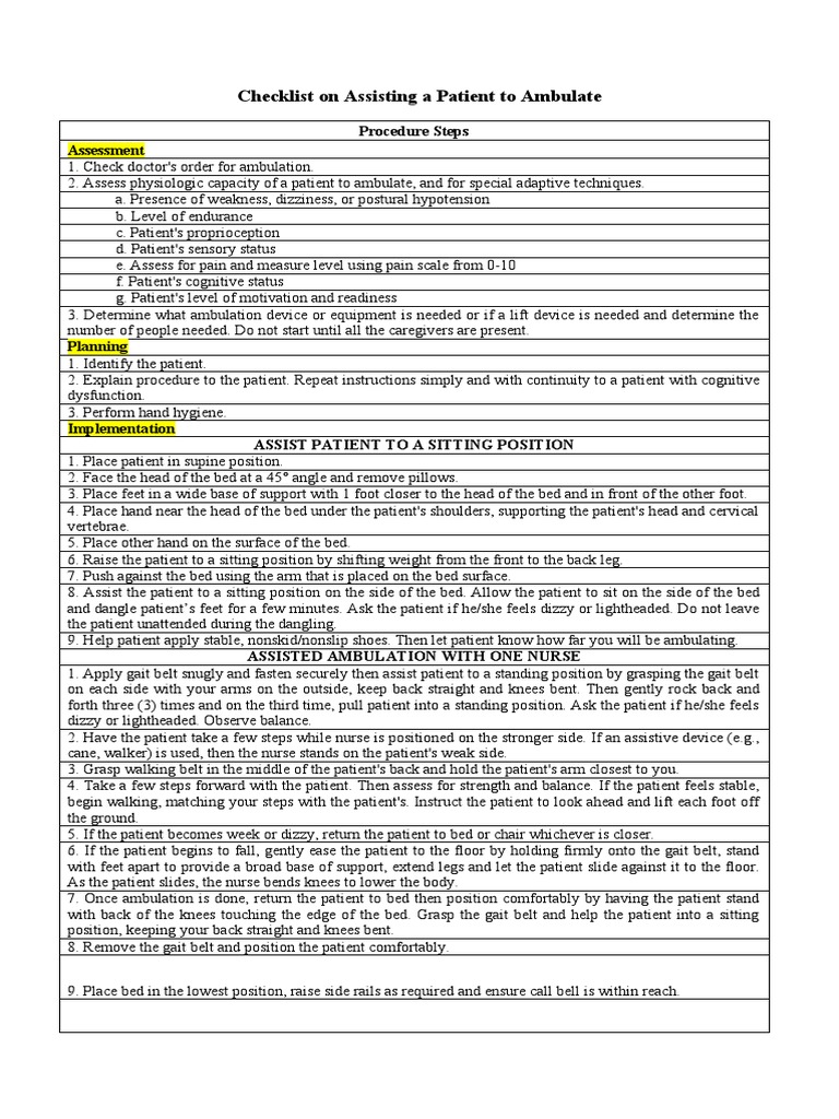 Checklist On Assisting A Patient To Ambulate | PDF | Walking