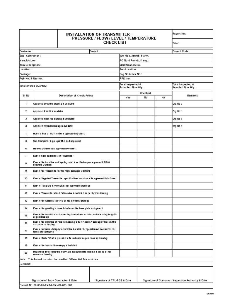 Installation of Transmitter - Pressure - Flow-Level-Temperature Check ...