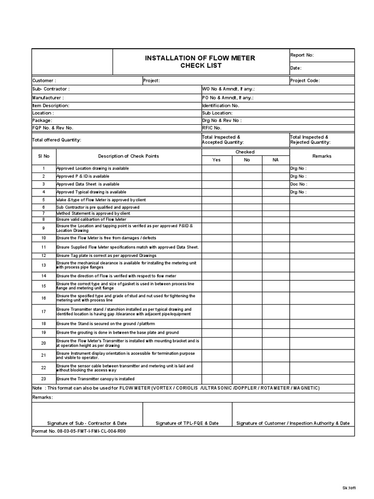 Installation Checklist for Flow Meter Report | PDF | Flow Measurement ...