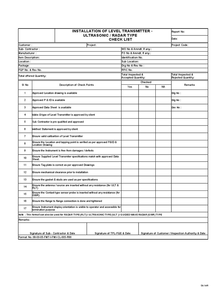 Installation of Level Transmitter - Ultrasonic - Radar Type Check List ...