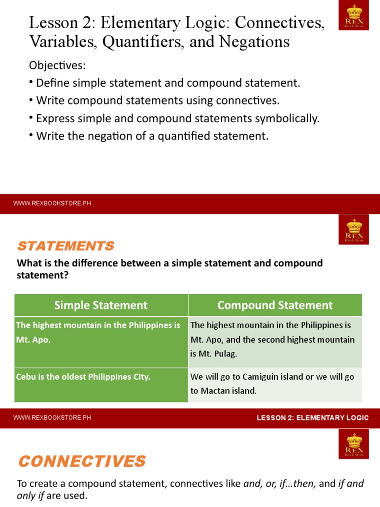 Lesson 2 - Elementary Logic | PDF | Logical Expressions | Syntax (Logic)