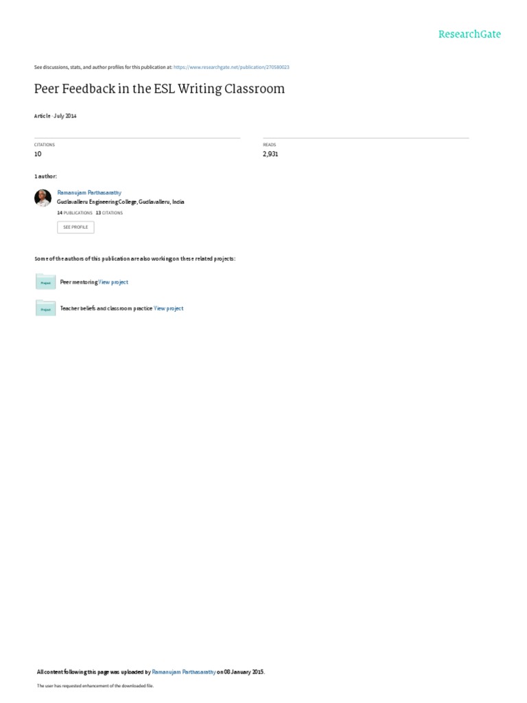 Peer Feedback in ESL Writing | PDF | English As A Second Or Foreign ...