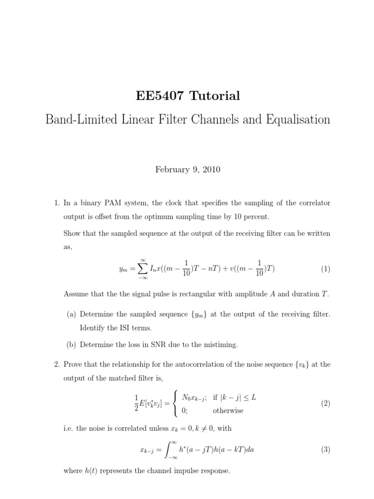EE5407 Tutorial Band-Limited Linear Filter Channels and Equalisation | PDF | Applied Mathematics ...