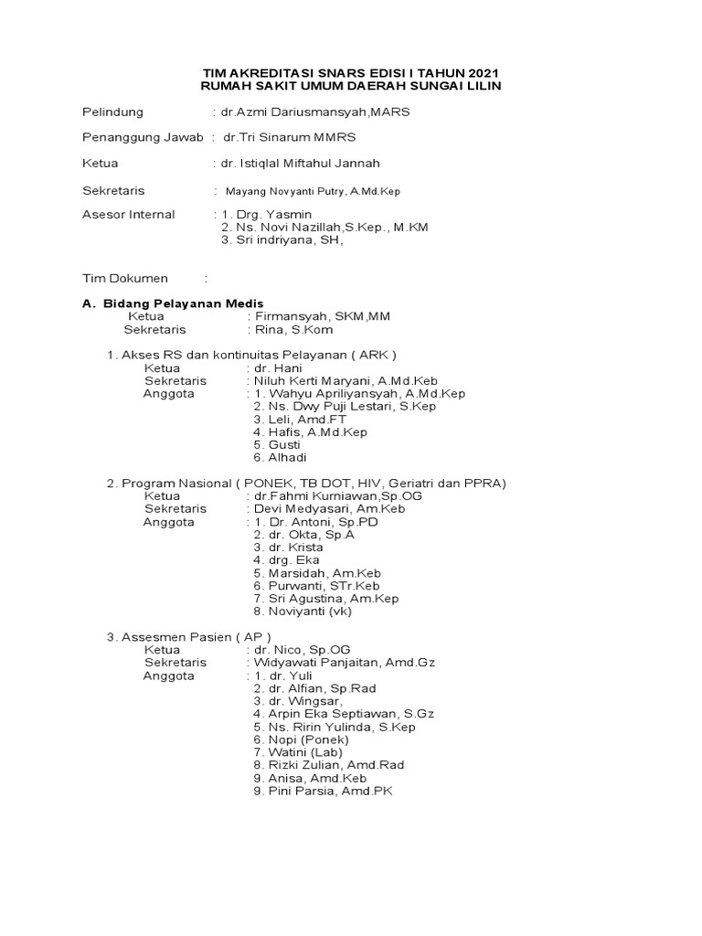 Susunan Tim Akreditasi Snars Edisi I Tahun 2021 | PDF