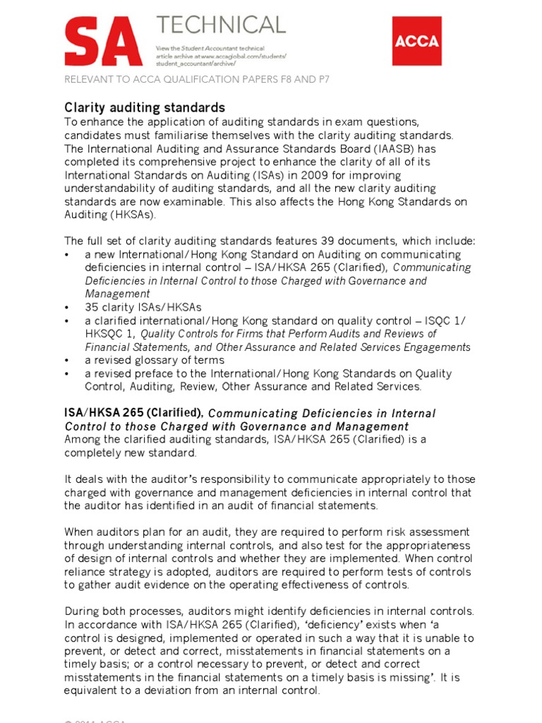 Clarity Auditing Standards: Relevant To Acca Qualification Papers F8 and P7 | PDF | Internal ...