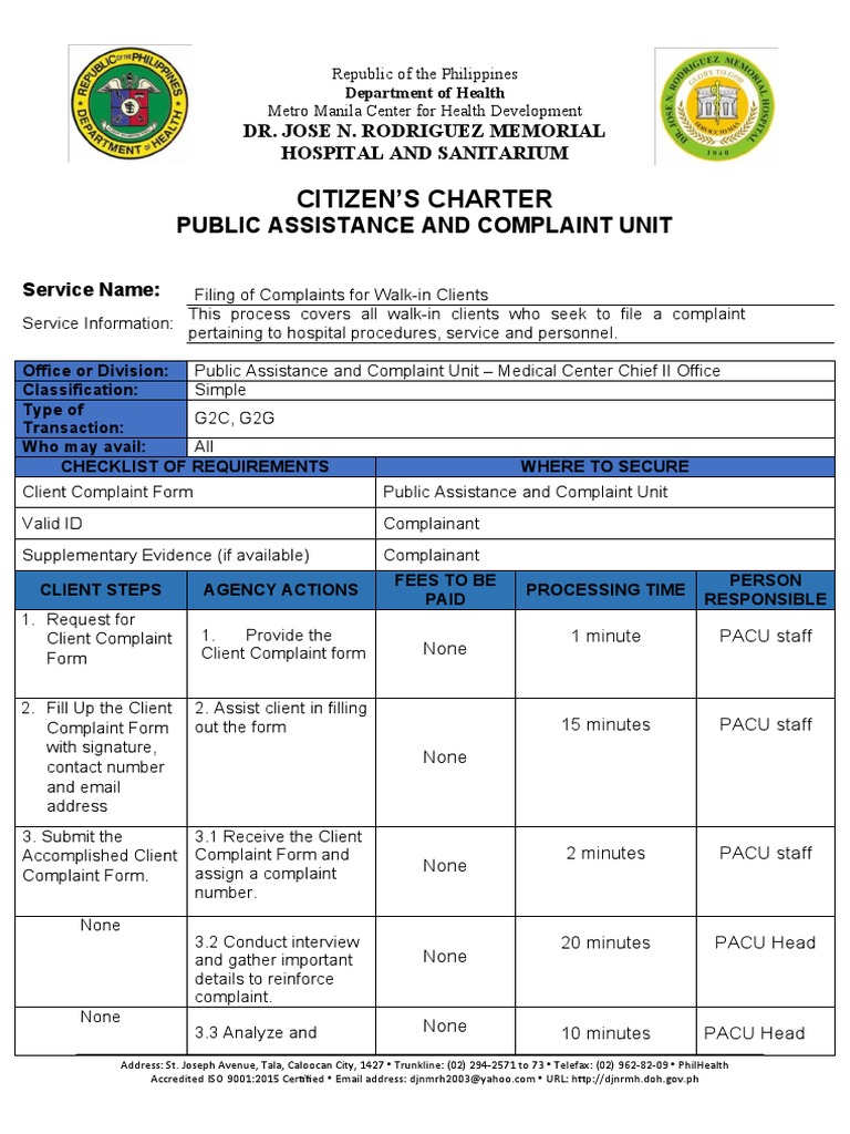 Citizen's Charter - Filing For Walk in Clients | PDF | Complaint ...