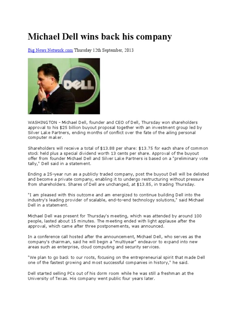 Michael Dell's $25B Buyout Approved | PDF | Dell | Financial Economics