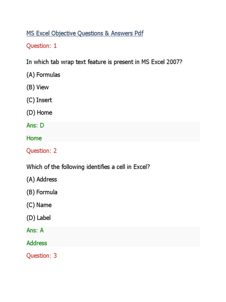 MS Excel Objective Questions & Answers PDF | PDF
