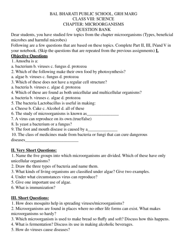 Class 8 - Science - Microorganisms - 6 (Question Bank 1) | PDF ...