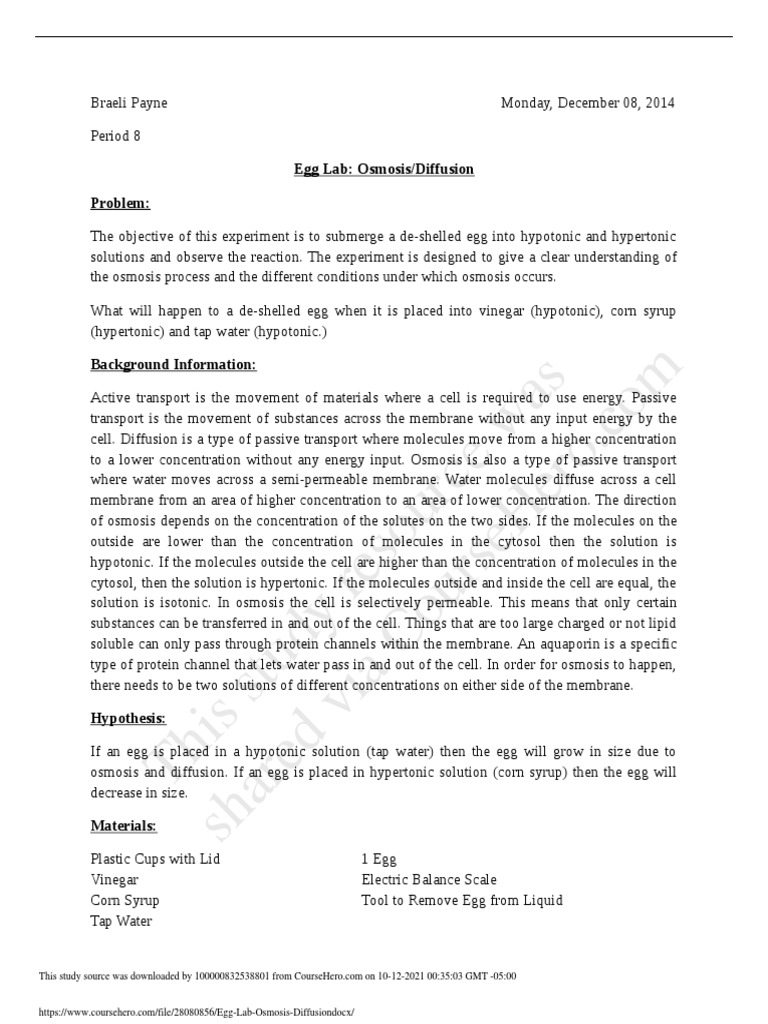 Egg Lab Osmosis Diffusion | PDF | Osmosis | Chemistry