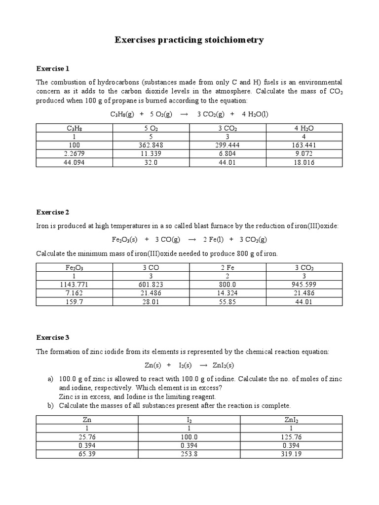 Exercises Practising Stoichiometry | PDF | Stoichiometry | Carbon Dioxide