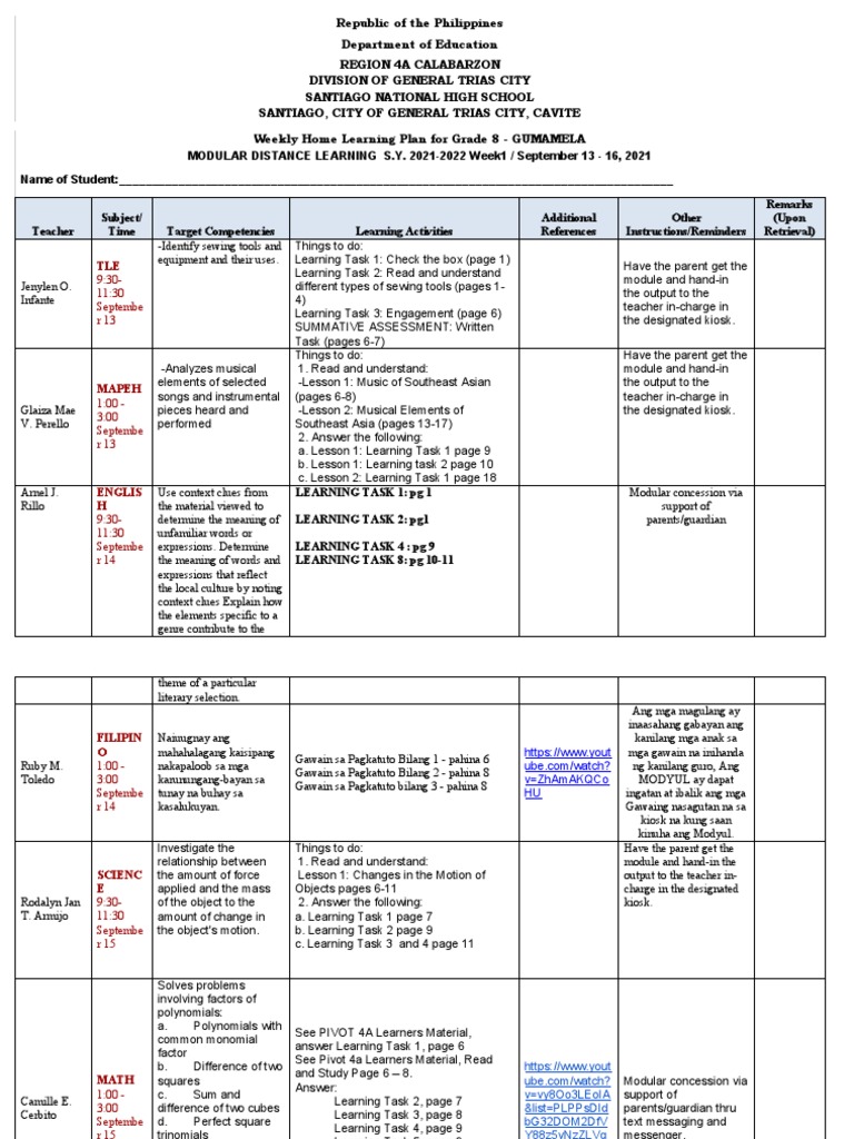 Grade 8 Weekly Learning Plan | PDF | Learning | Cognition