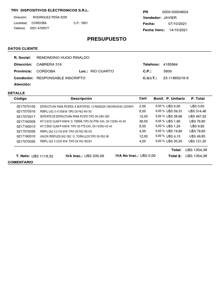 Presupuesto #4624 REMONDINO HUGO RINALDO 07-10-2021 17-42 | PDF
