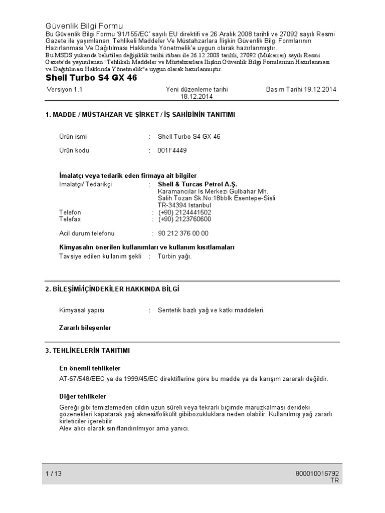Msds TR Shell Turbo s4 GX 46 | PDF