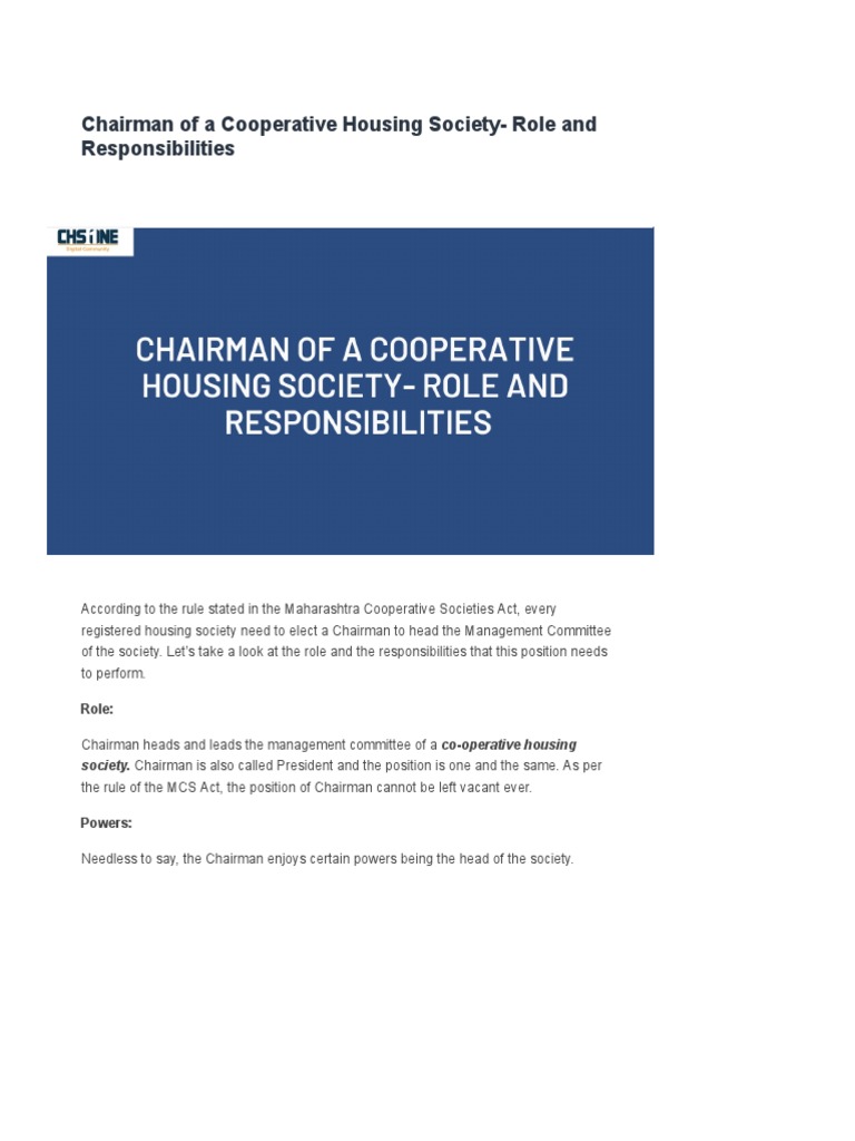 Role and Responsibilities of Society Chairman | PDF | Cooperative | Policy