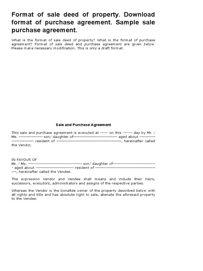 Format of Sale Deed of Property Download - Format of Purchase Agreement ...