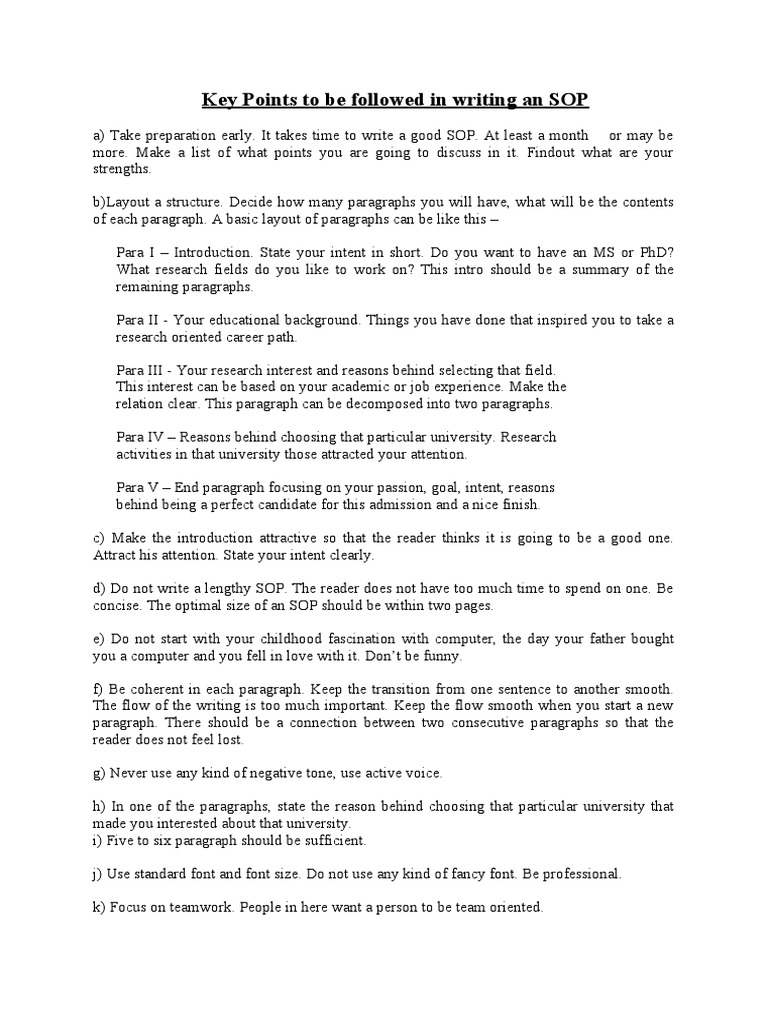 Key Points To Be Followed in Writing An SOP | PDF | Proofreading | Grammar