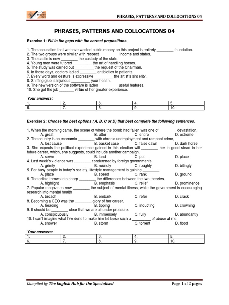 Phrases, Patterns and Collocations 04: Exercise 1: Fill in The Gaps ...