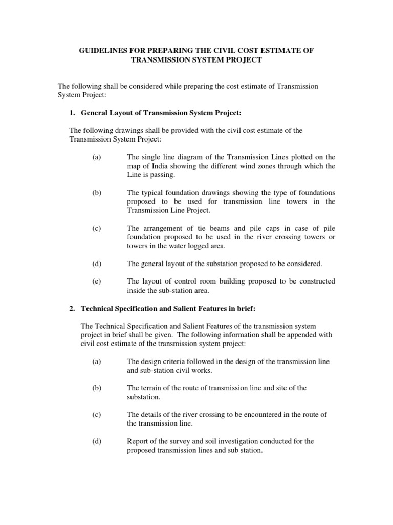 Guidelines Preparing Civil Cost Estimate Pdf Electrical Substation
