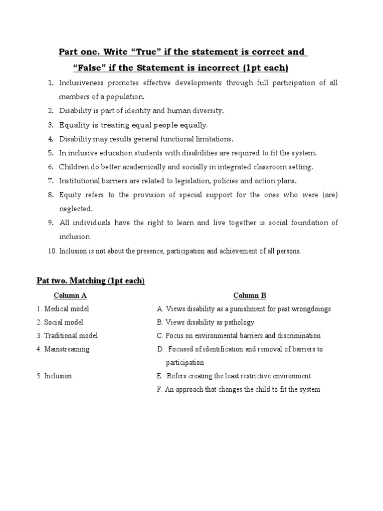 Part One. Write "True" If The Statement Is Correct and "False" If The Statement Is Incorrect ...