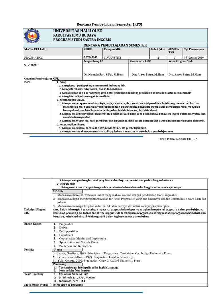 RPS Pragmatics Sastra Inggris UHO | PDF | Karier & Perkembangan | Seni & Disiplin Bahasa
