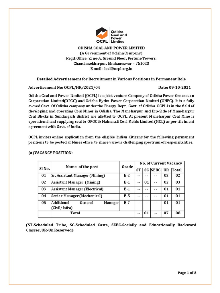 ODISHA COAL AND POWER LIMITED (OCPL) Job 4 | PDF | Academic Degree | Mining