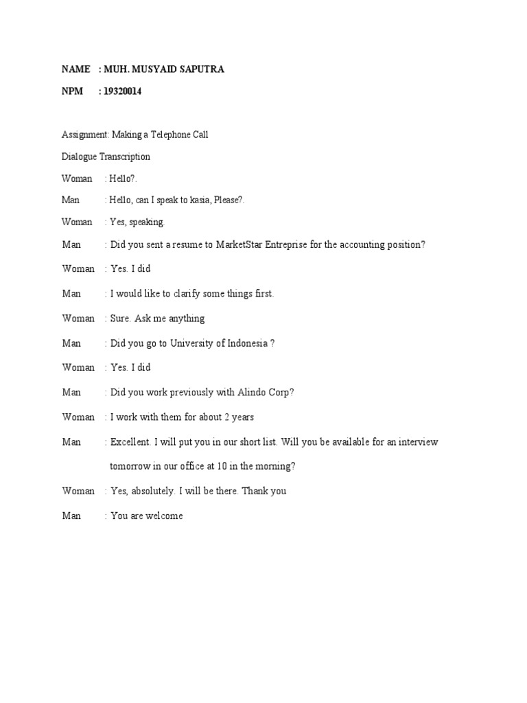 Telephone Interview Dialogue Example | PDF