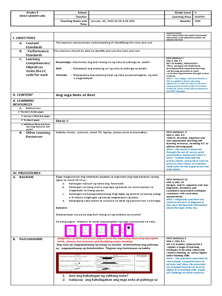 Grade 5 MAPEH Daily Lesson Plan | PDF | Curriculum | Learning