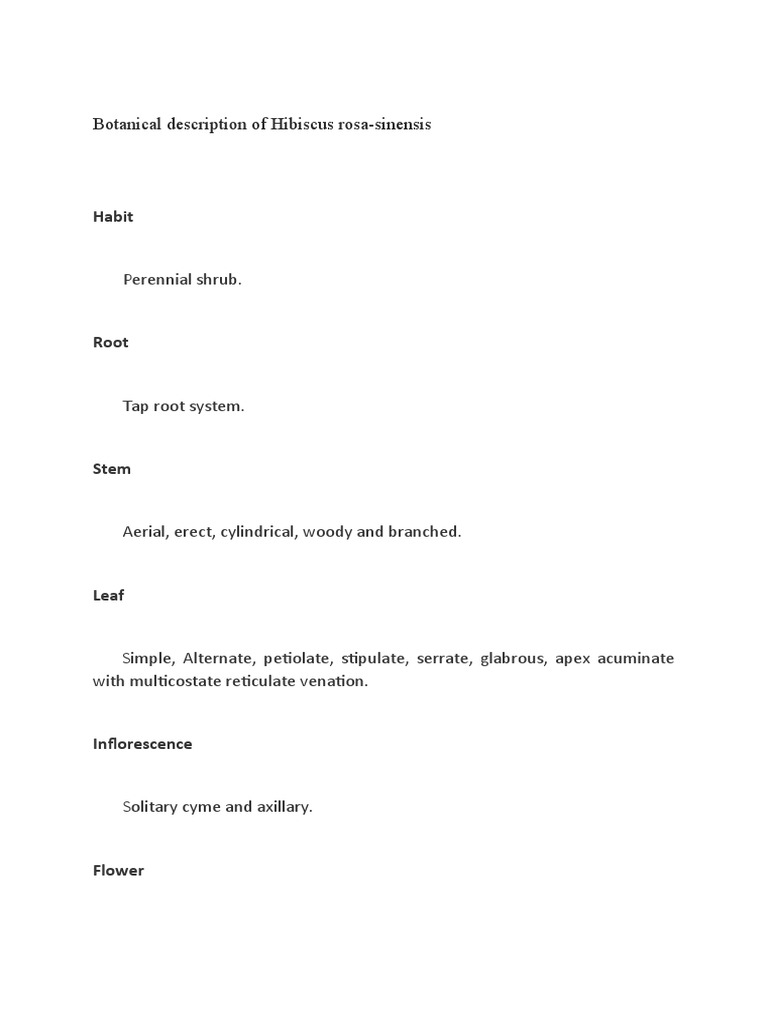 Botanical Description of Hibiscus Rosa-Sinensis: Habit | PDF | Flowers ...