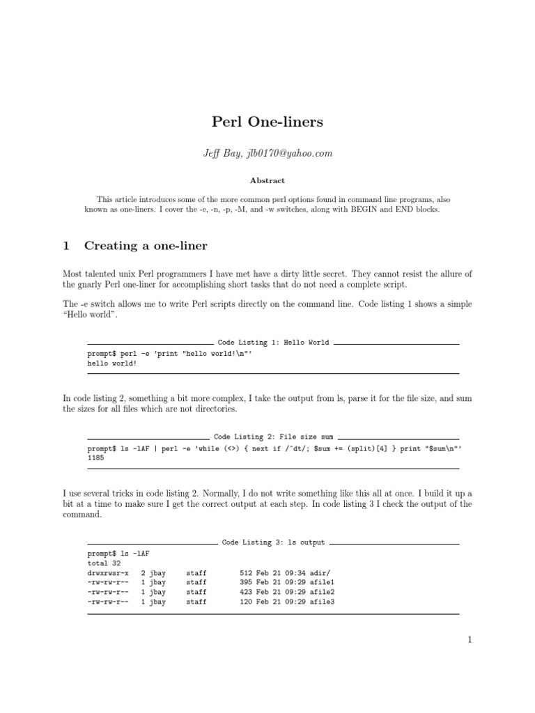 Perl One Liners 1 Creating A One Liner Pdf
