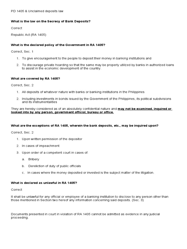 RA 1405 & Unclaimed Deposits Law | PDF | Deposit Account | Banks
