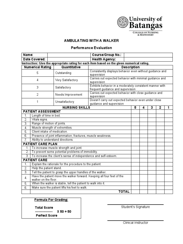 Ambulating With A Walker Performance Evaluation | PDF | Patient ...