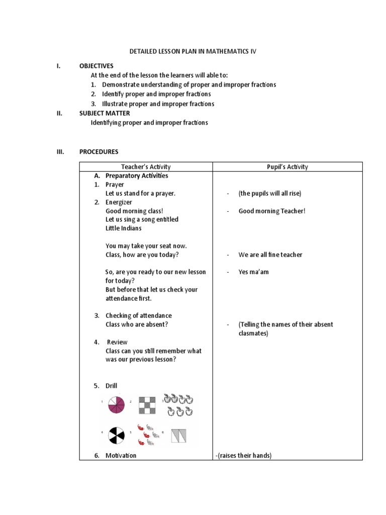 DETAILED LESSON PLAN IN MATHEMATICS IV Improper and Proper Fractions ...