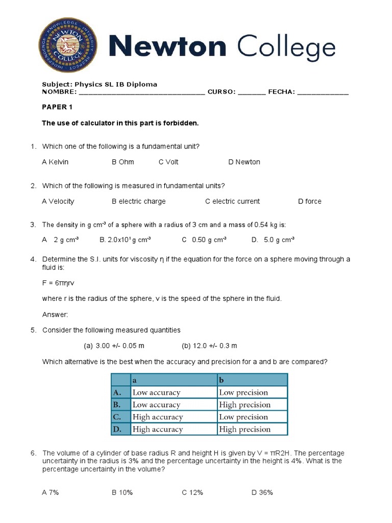 Exam Physics IB Measurement and Uncertainties 2 | PDF | Mass | Force