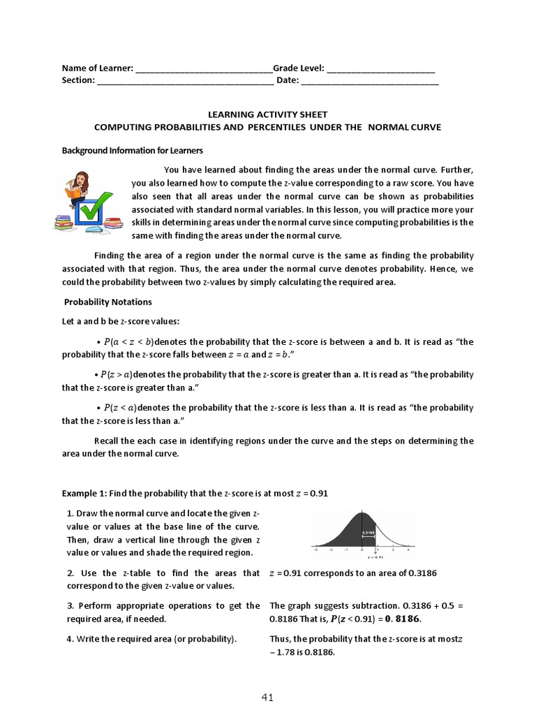Learning Activity Sheet Computing Probabilities and Percentiles Under ...