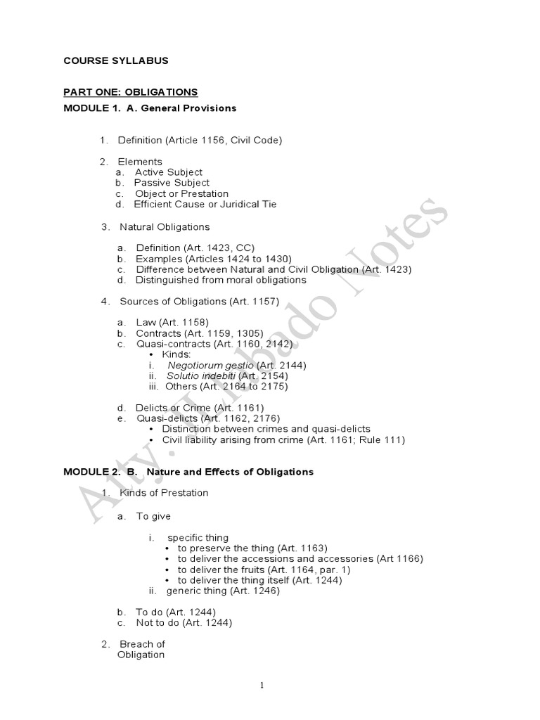 Oblicon Course Syllabus | PDF | Law Of Obligations | Government
