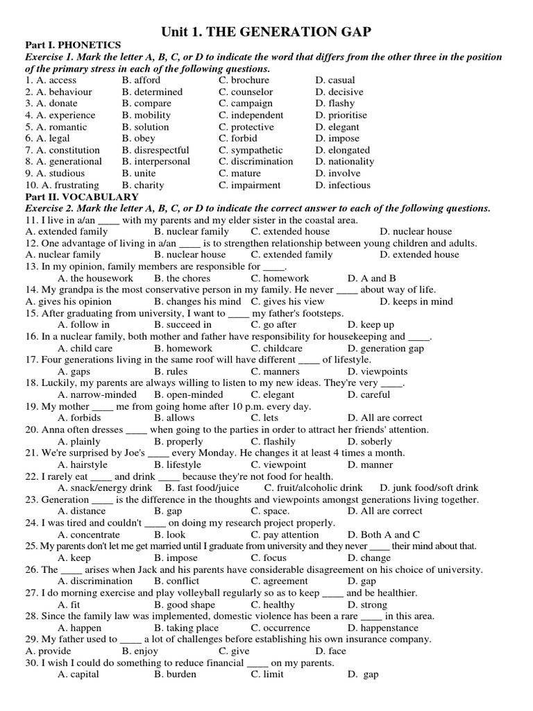 Unit 1. The Generation Gap: Part I. Phonetics | PDF | Divorce | Social ...