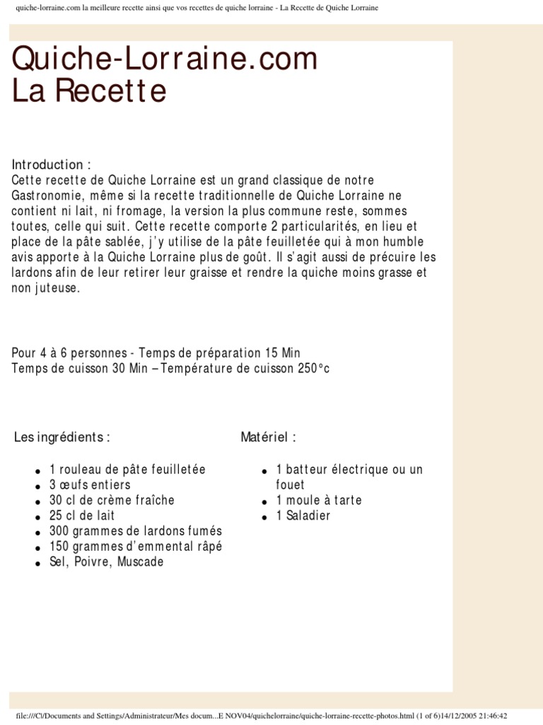 Recette de Quiche Lorraine Gourmande | PDF | Cuisine européenne ...