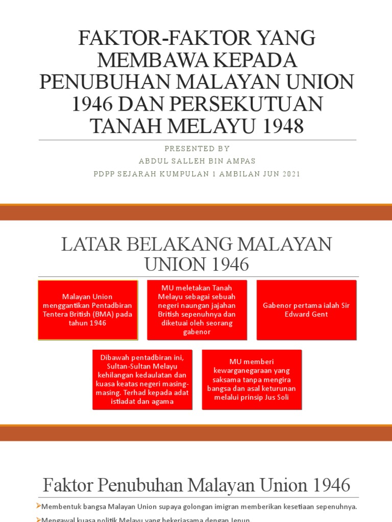 Faktor Pembentukan Malayan Union Dan Persekutuan Tanah Melayu | PDF