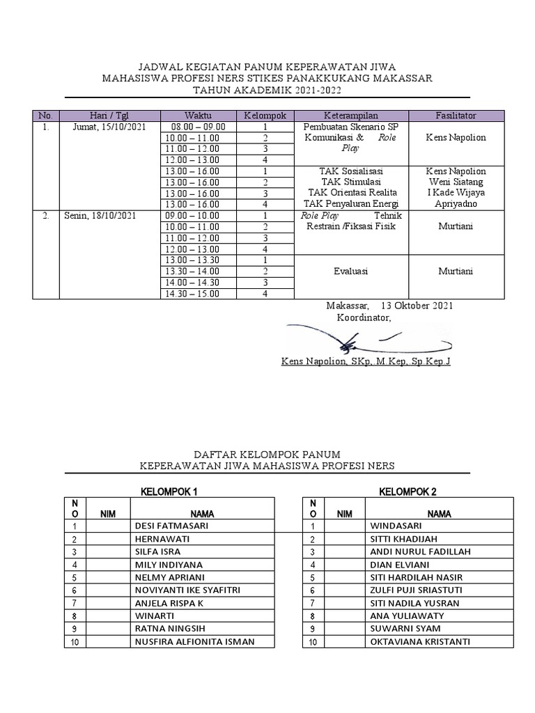 JADWAL & KELOMPOK PANUM JIWA (2021 - 2022) Fix | PDF