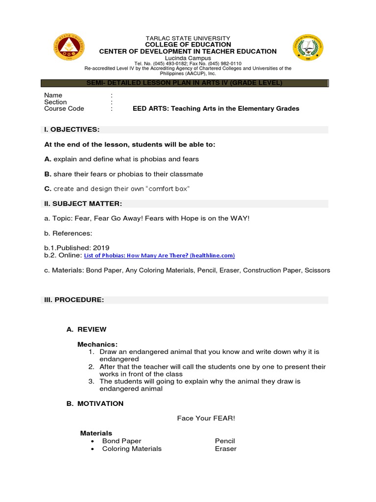 MENDOZA-Semi-Detailed Lesson Plan in Arts V | PDF | Phobia | Fear