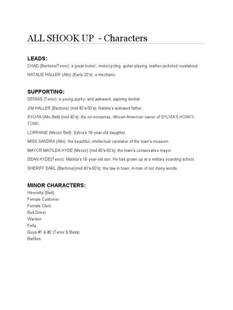 ALL SHOOK UP - Characters: Leads | PDF