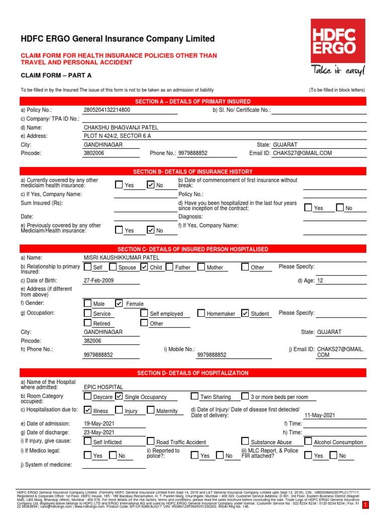 HDFC ERGO General Insurance Company Limited: Claim Form - Part A | PDF | Receipt | Insurance