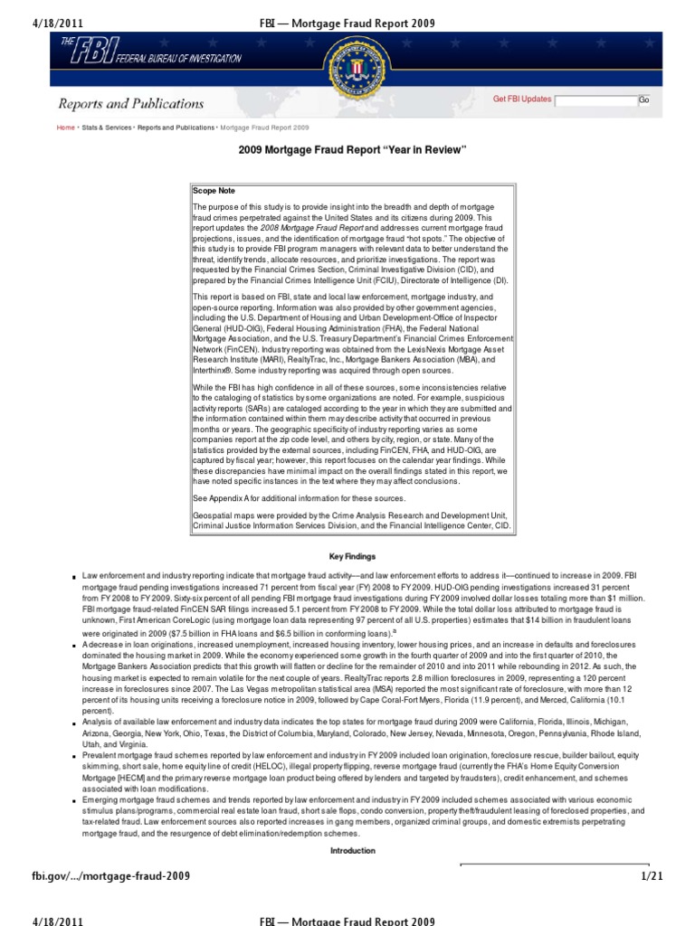 09-00-00 FBI — Mortgage Fraud Report 2009 | Mortgage Fraud | Foreclosure 09-00-00 FBI — Mortgage Fraud Report 2009 | Mortgage Fraud | Foreclosure