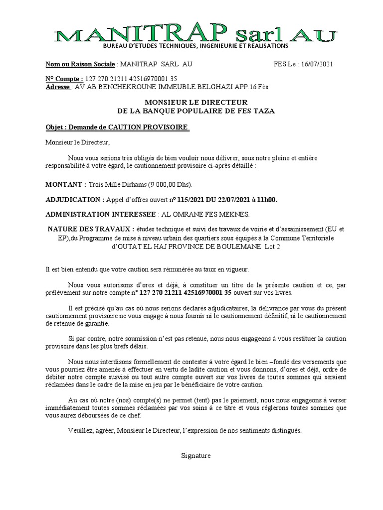 Caution ProvisoirBP | PDF | Cautionnement