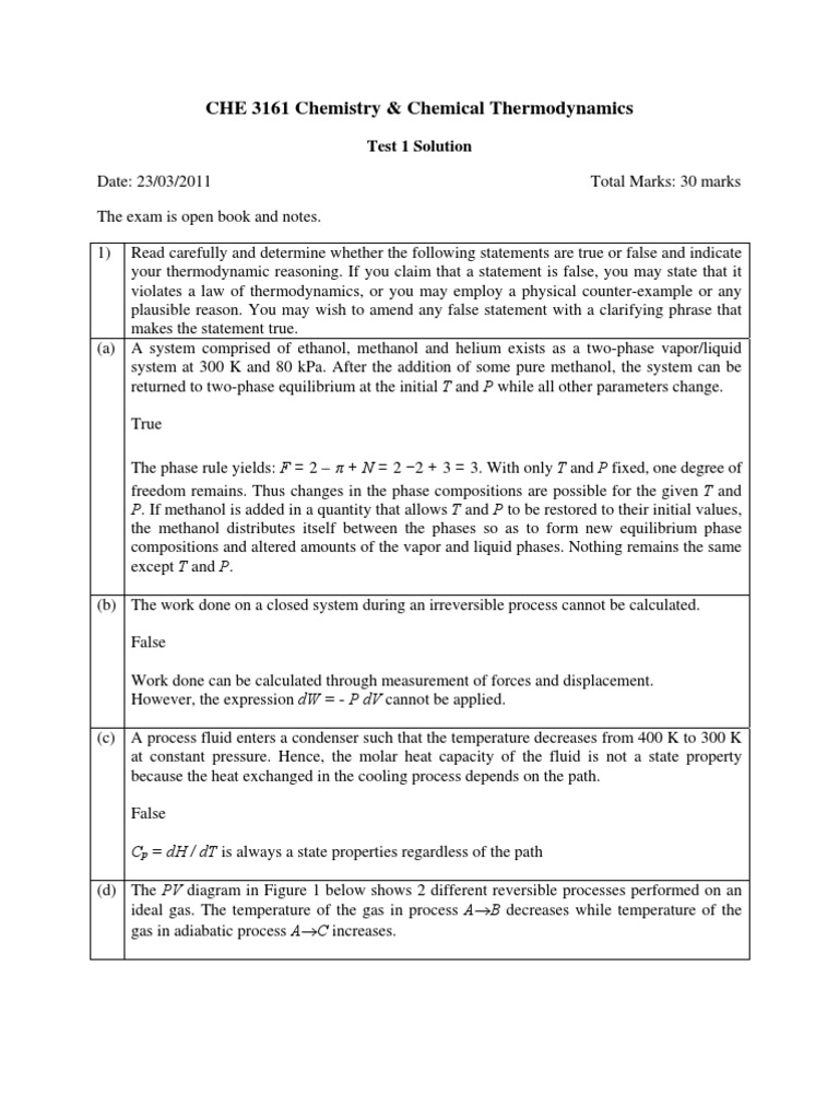 Thermodynamics Test 1 Solutions | PDF | Phase (Matter) | Thermodynamics