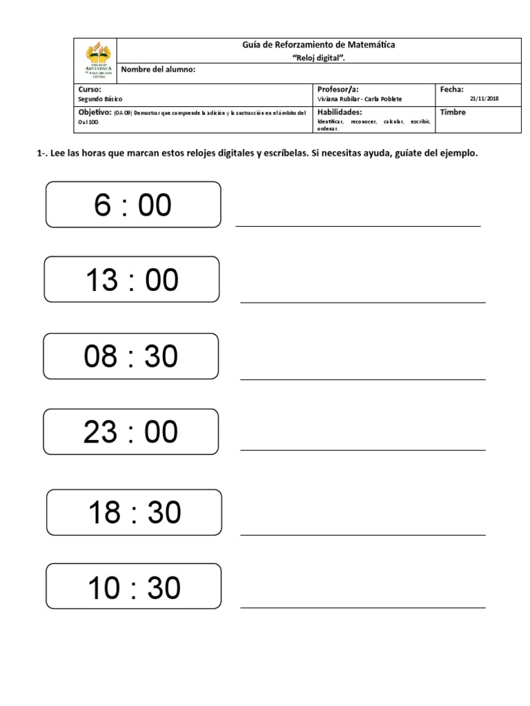 Guía de Reforzamiento de Matemática Reloj Digital 21-11-18 | PDF