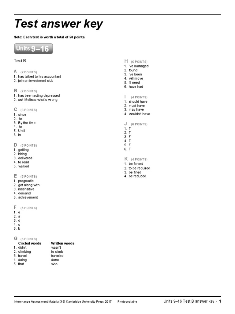 Test Answer Key: Units | PDF