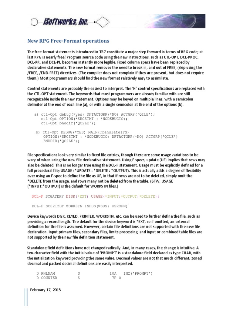 New RPG Free-Form Operations | PDF | Ibm Rpg | Subroutine