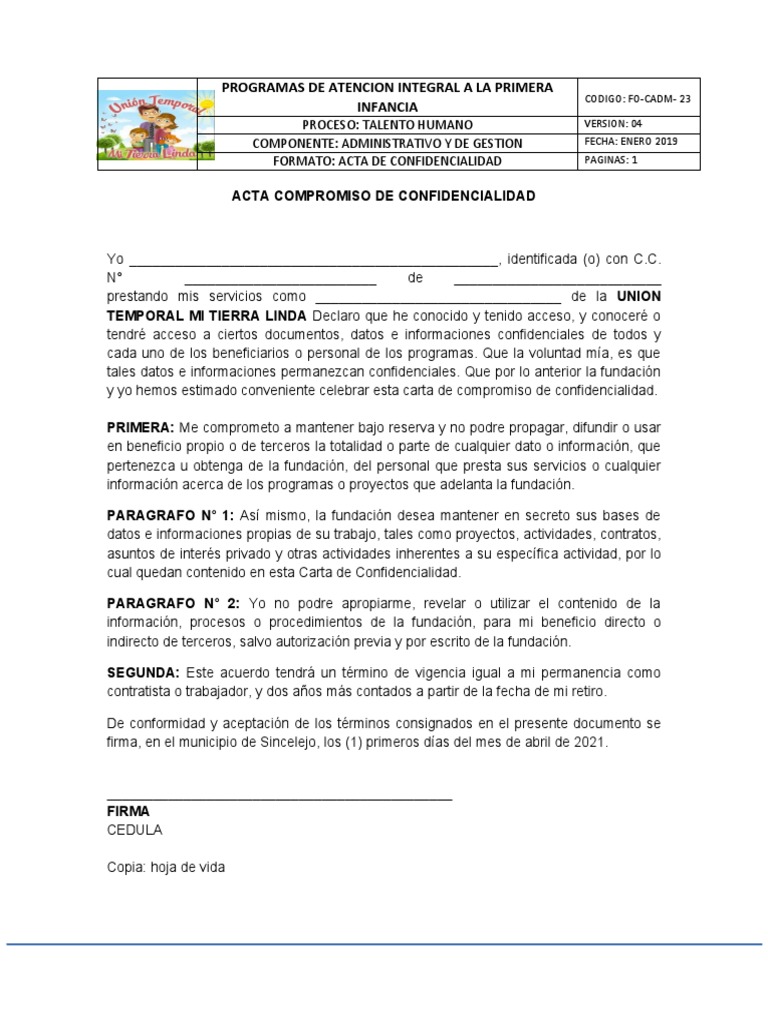 Formato 23 Acta de Confidencialidad Trabajador | PDF | Confidencialidad
